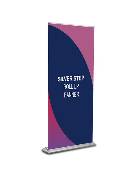 Silver Step Roll Up Banner Stands | Backdropsource